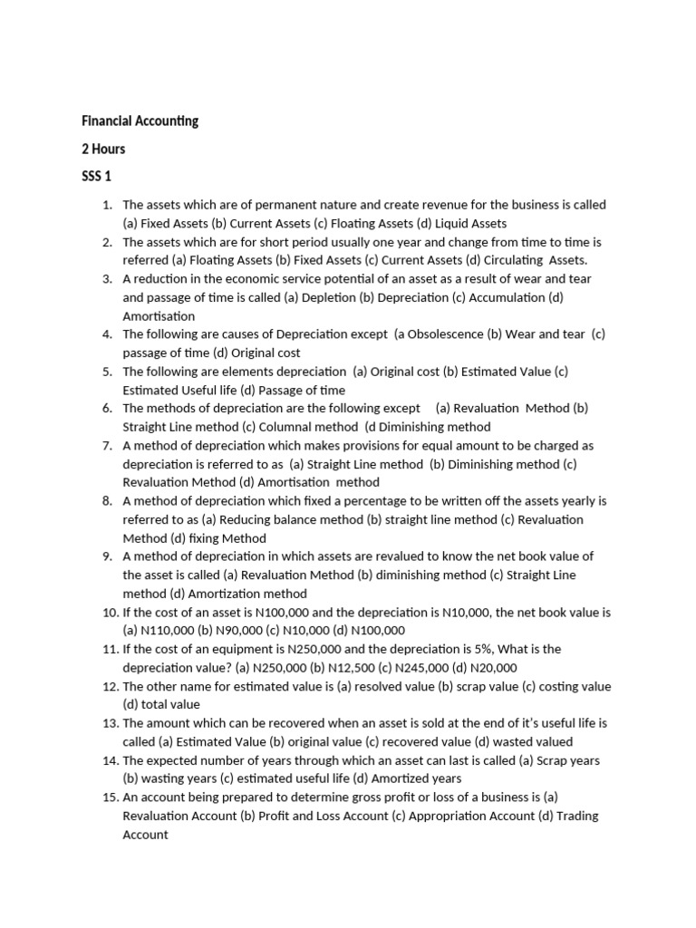 SS1 Financial Accounting Questions 2022 | PDF | Depreciation | Money