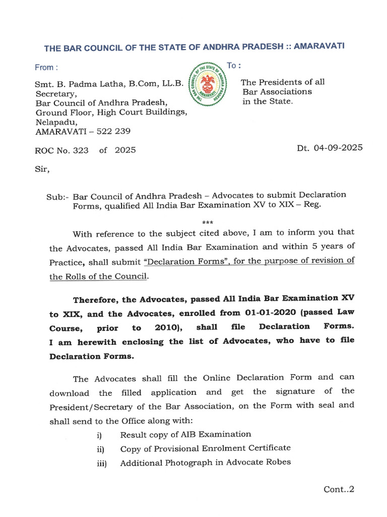 Bar Council Circular On Filing of Declaration Forms Dated 04-09-2025 | PDF