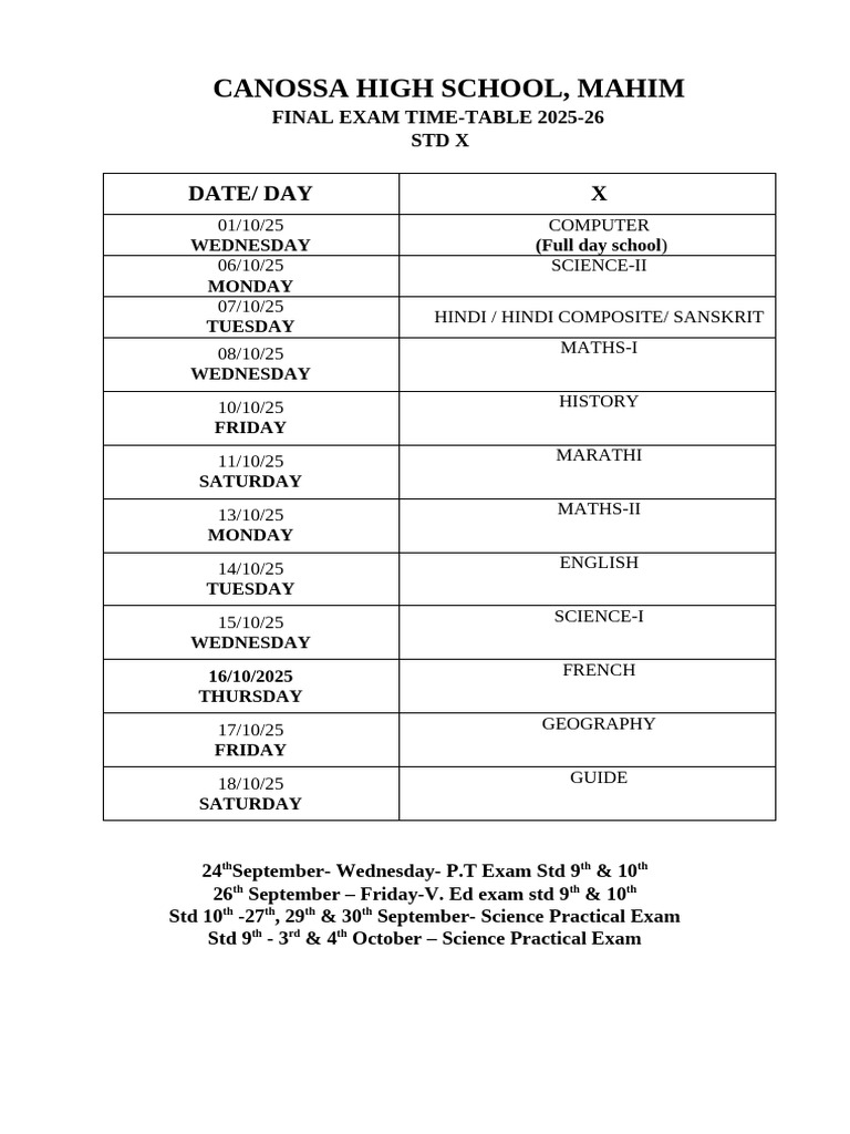 STD 10 Time Table 1set Sem 2025-26 | PDF