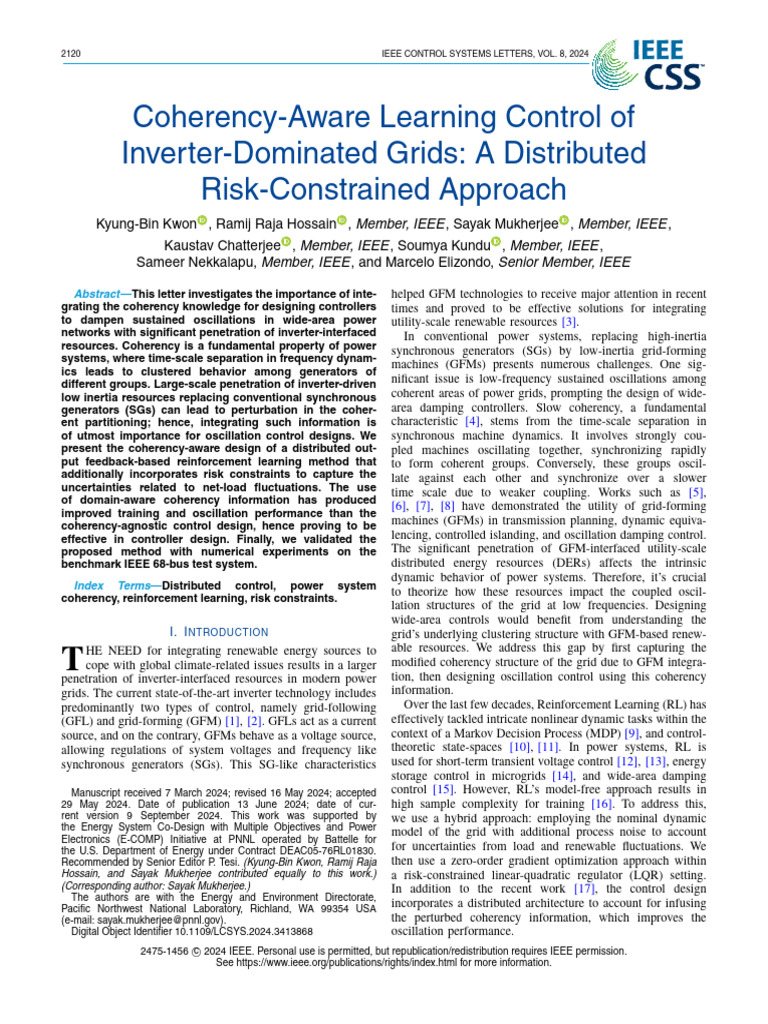 Coherency-Aware Learning Control of Inverter-Dominated Grids A Distributed Risk-Constrained ...