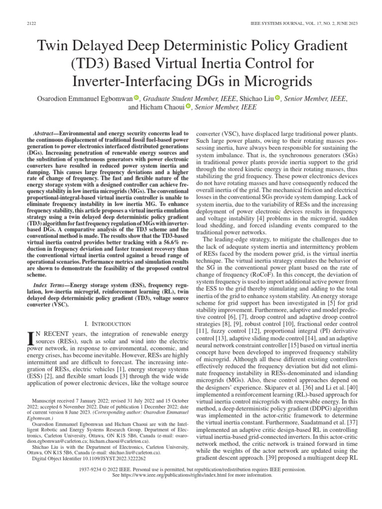 Twin Delayed Deep Deterministic Policy Gradient TD3 Based Virtual Inertia Control For Inverter ...