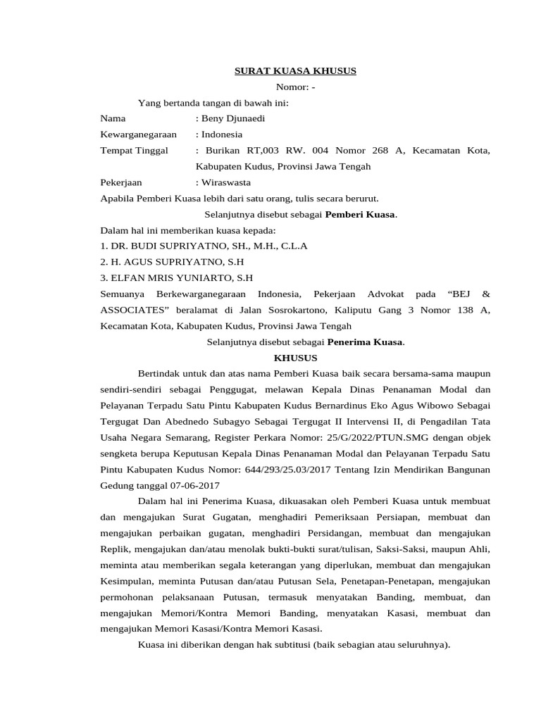 Surat Kuasa Khusus Penggugat Kudus | PDF