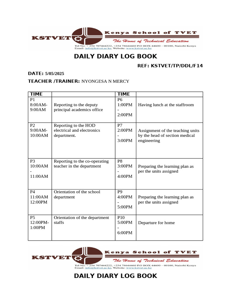 Daily Diary Logbook WK 1 & WK 2 | PDF