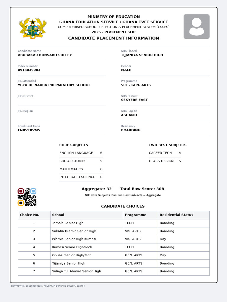 2025 CSSPS Placement Slip for Abubakar Sulley | PDF