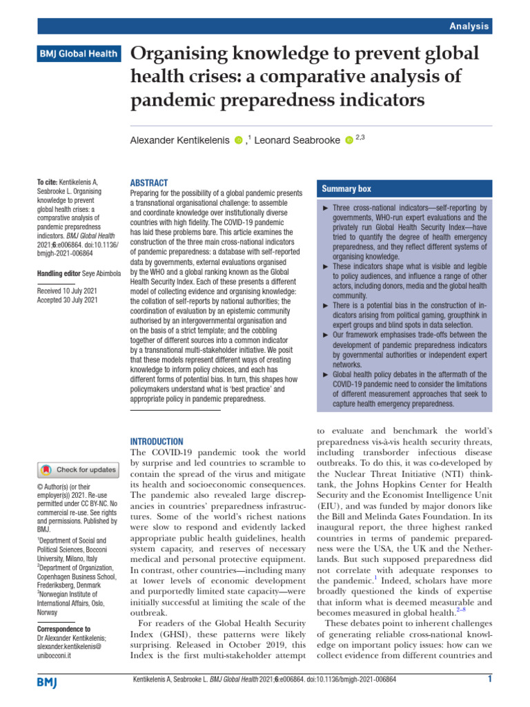 Organising knowledge to prevent global health crises a comparative analysis of pandemic ...