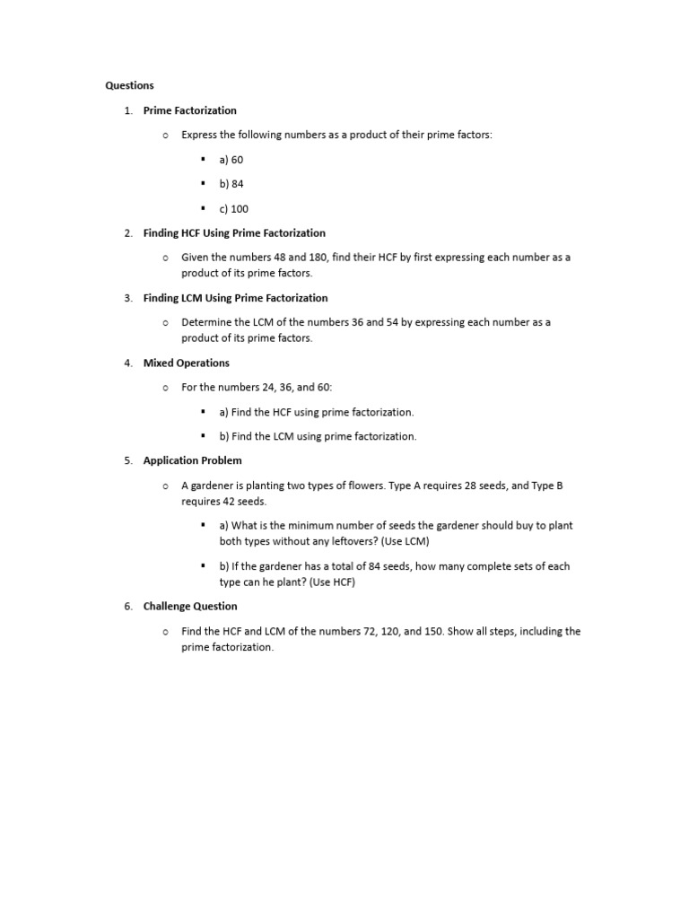 LCM and HCF Questions for Class 10 | PDF