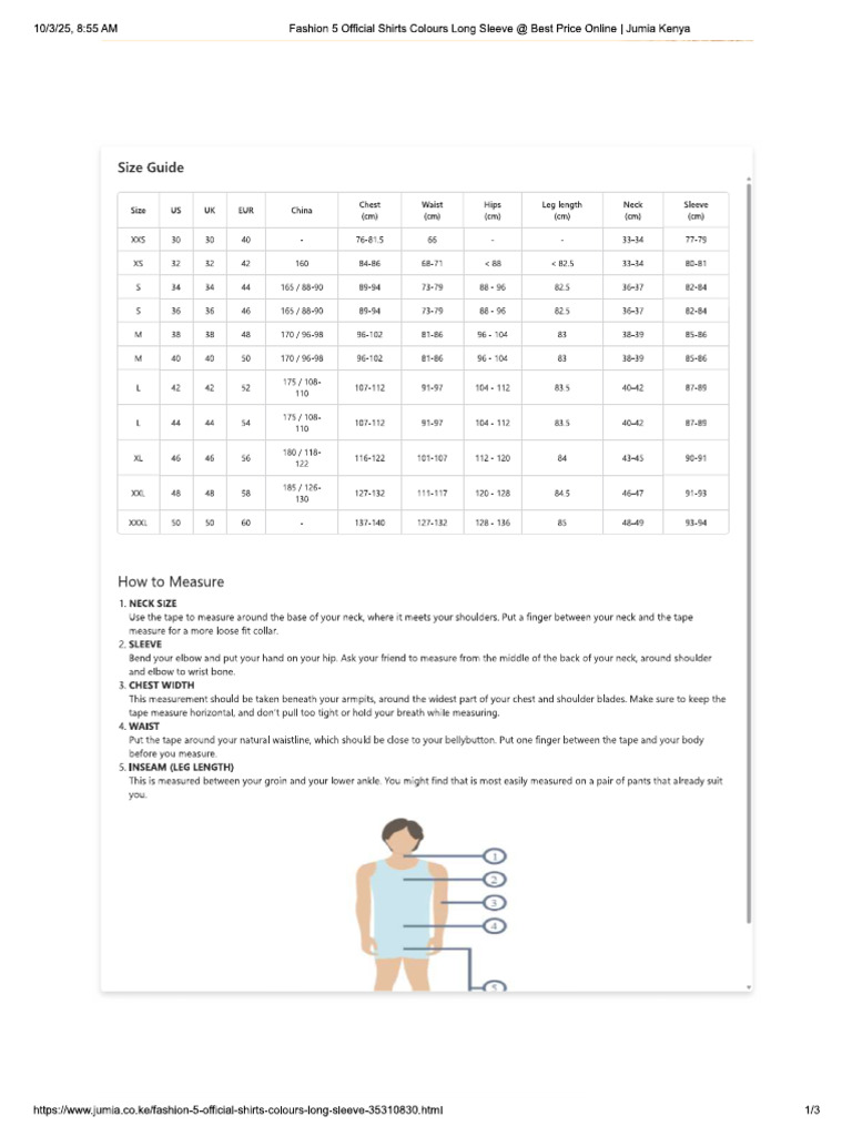 Men Shirts Size Chart | PDF