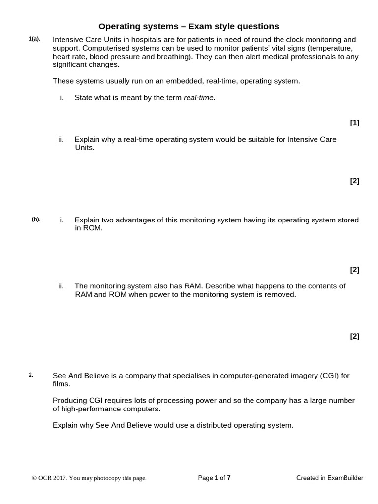 Operating Systems (Exam Style Questions) | PDF | Operating System | Random Access Memory