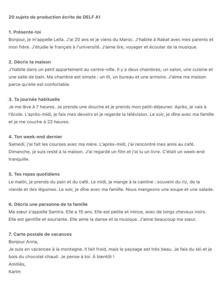 Sujets de production écrite DELF A1 | PDF