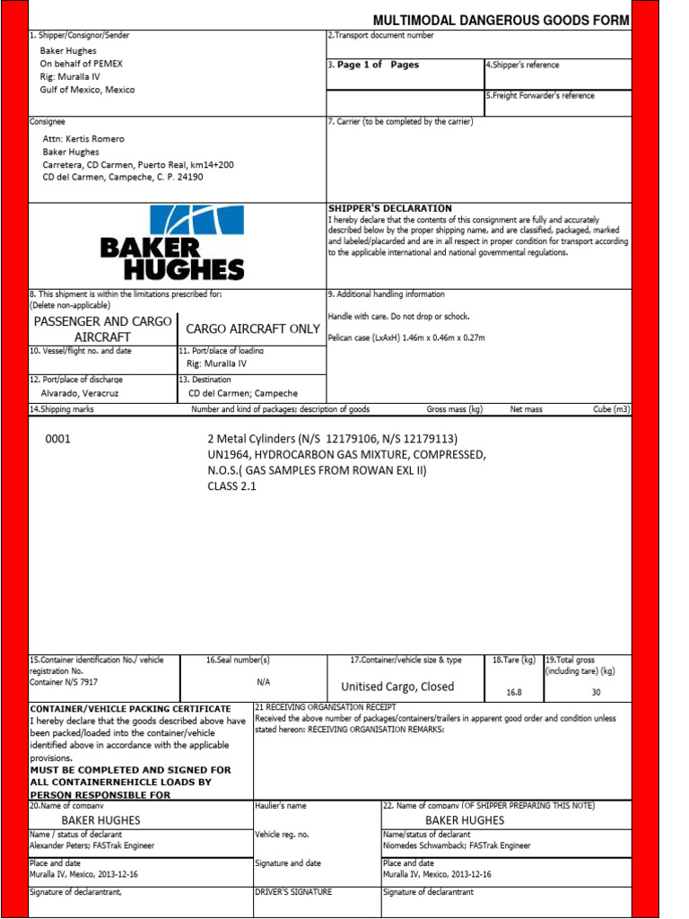 Multimodal Dangerous Goods Form Example | PDF | Cargo | Freight Transport