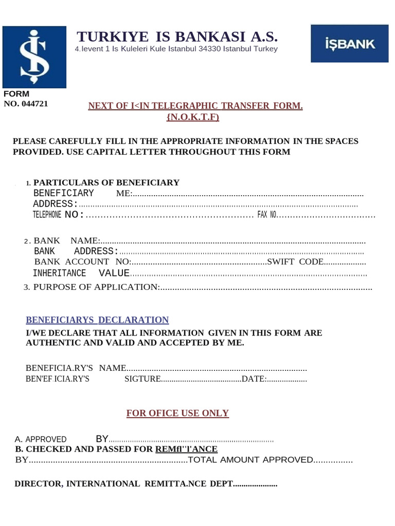 Turkey Is Bank Telegraphic Transfer Form | PDF