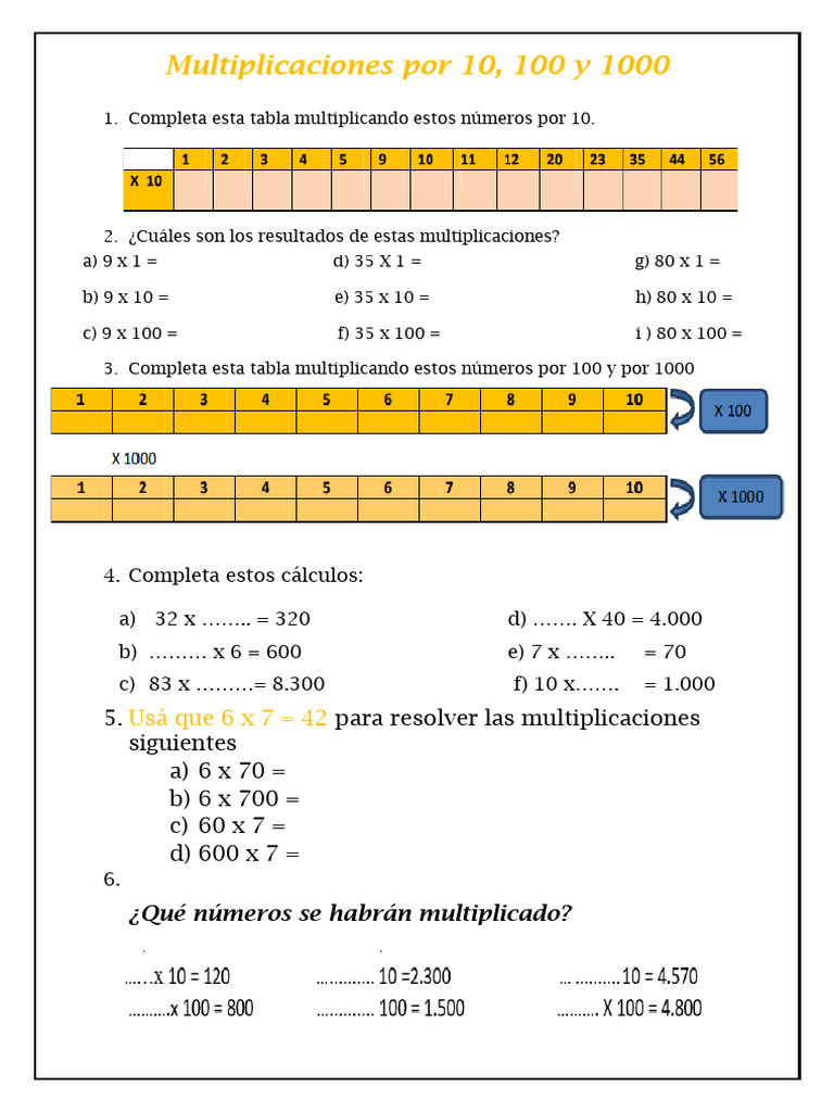 Ejercicios de multiplicación por 10, 100 y 1000 | PDF