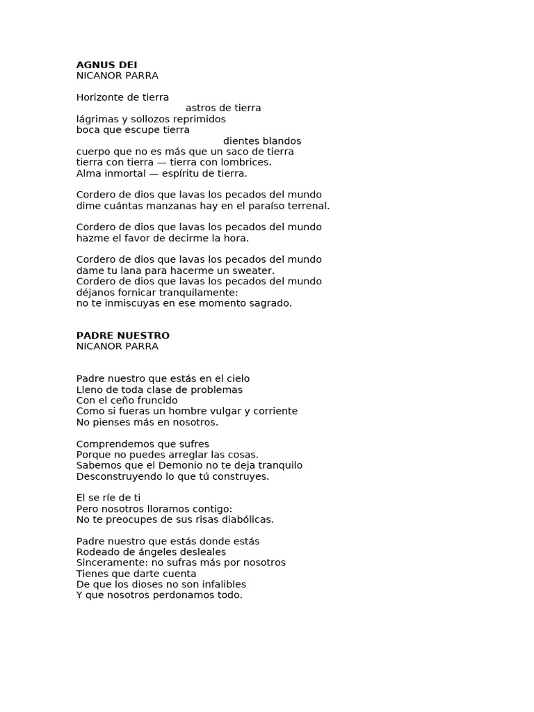 Poesía de Nicanor Parra: Agnus Dei | PDF