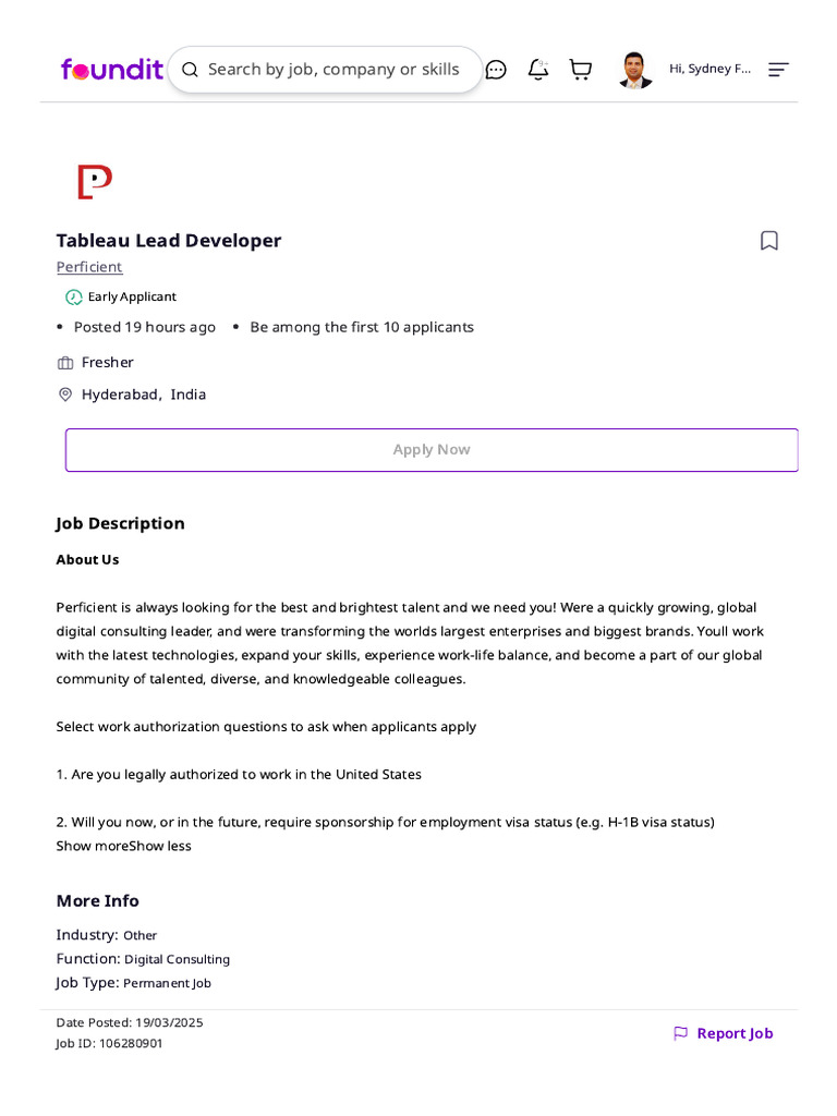 Tableau Lead Developer Job For 0 - 0 Year of Exp in Perficient ...