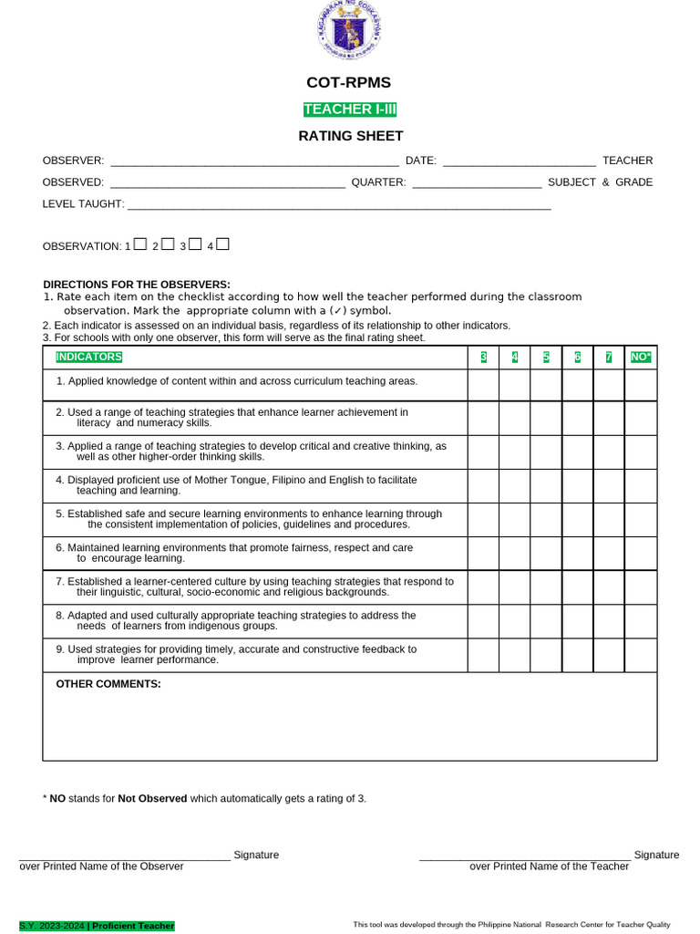 COT-RPMS Teacher Rating Sheet Guide | PDF | Teachers | Learning