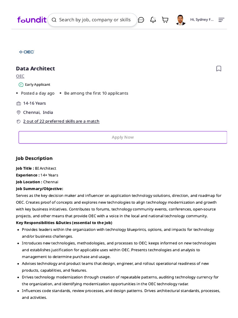 Data Architect Job For 14 - 16 Year of Exp in OEC Chennai, India ...