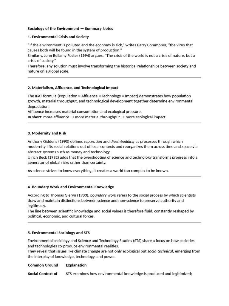 Sociology of The Environment Summary Notes Week 1,2 | PDF | Sociology ...