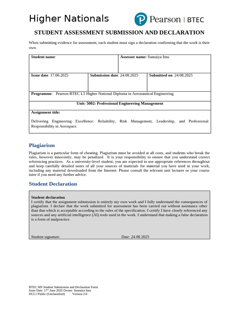 BTEC Student Submission Declaration 2025 | PDF