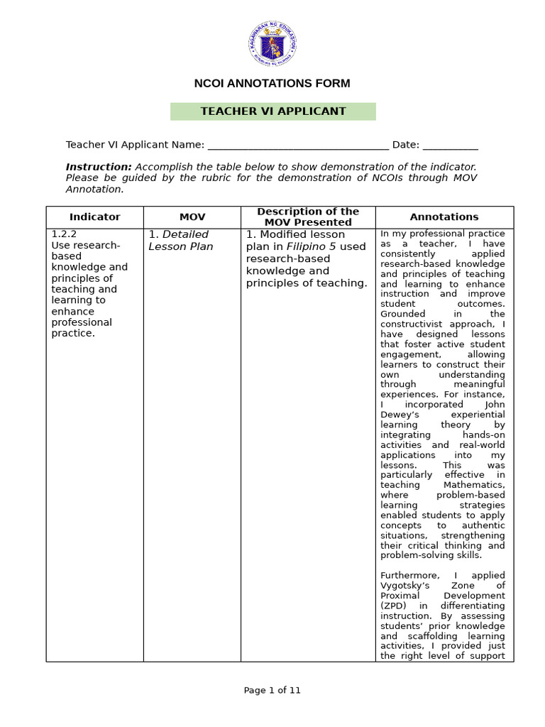 NCOI Annotations Form For Teacher VI Applicant | PDF | Learning | Cognition