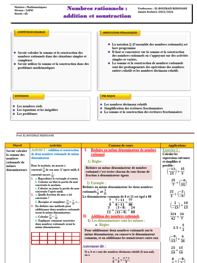 Addition et Soustraction des Rationnels | PDF | Nombre rationnel ...