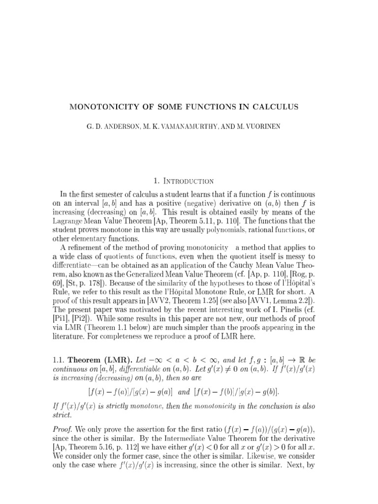 G.anderson - Monotonicity of Some Functions in Calculus | PDF