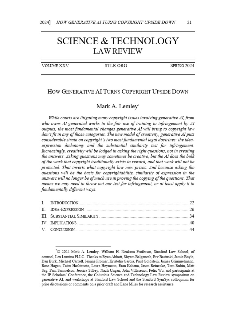 Lemley - How Gerative AI Turns Copyright Upside Down | PDF | Substantial Similarity | Copyright
