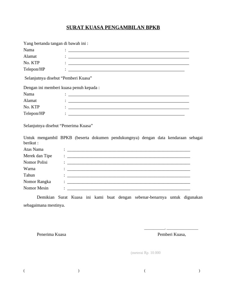 Surat Kuasa Pengambilan BPKB Perorangan | PDF