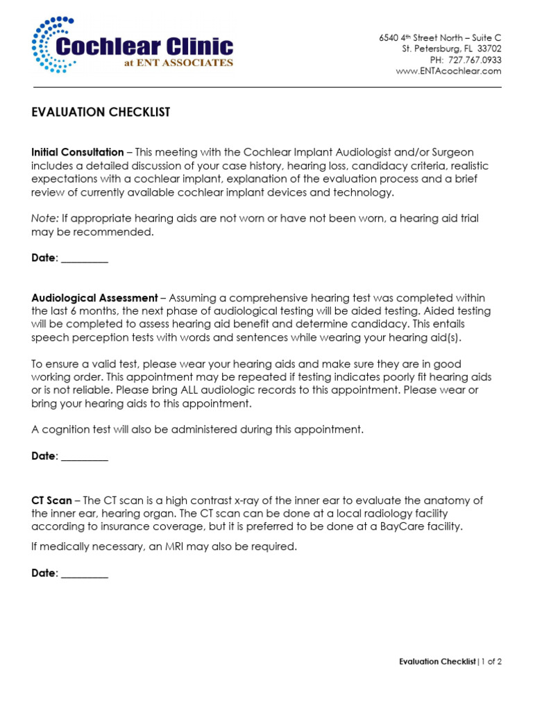 CI Evaluation Checklist Form FINAL N | PDF | Hearing Aid | Audiology