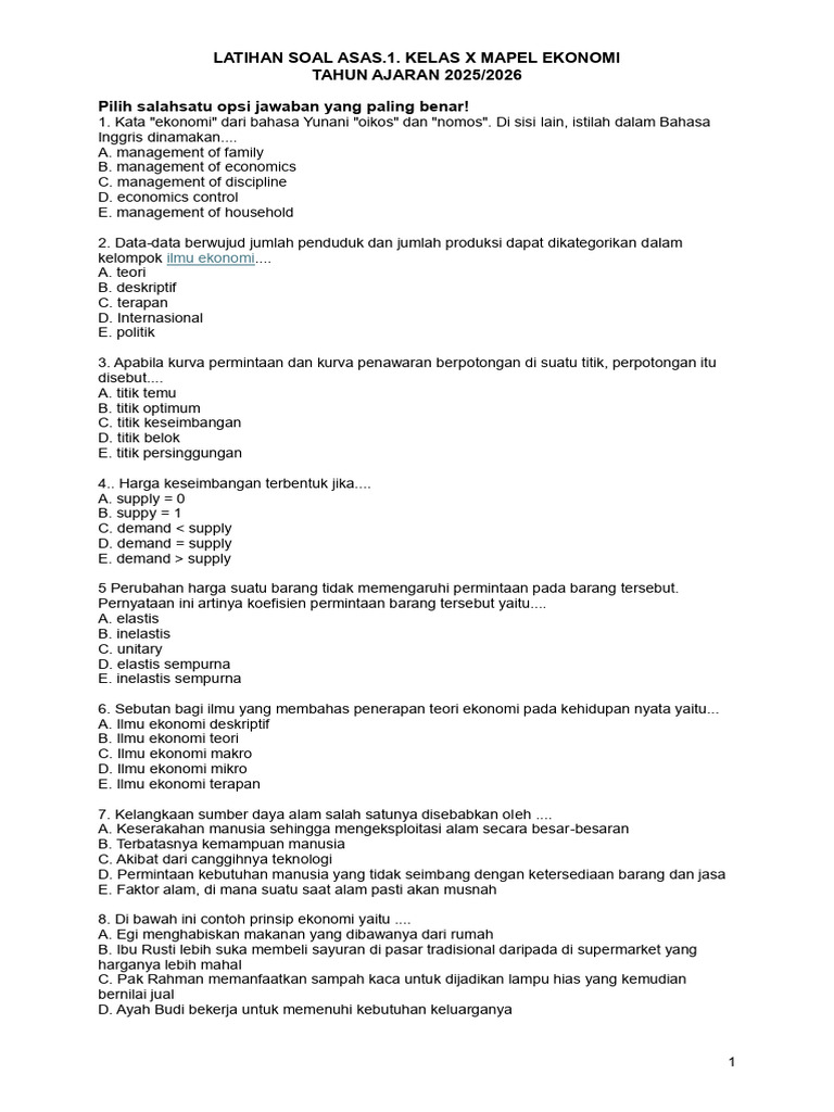 Latihan ASAS 1 Kelas X Ekonomi Student | PDF