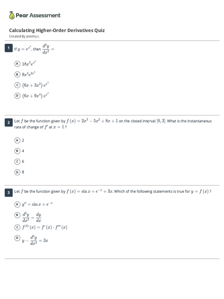 Higher-Order Derivatives Quiz | PDF