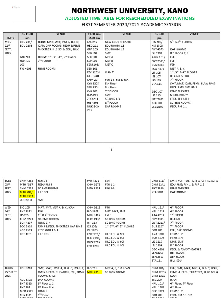 NWU Kano Rescheduled Exam Timetable 2025 | PDF