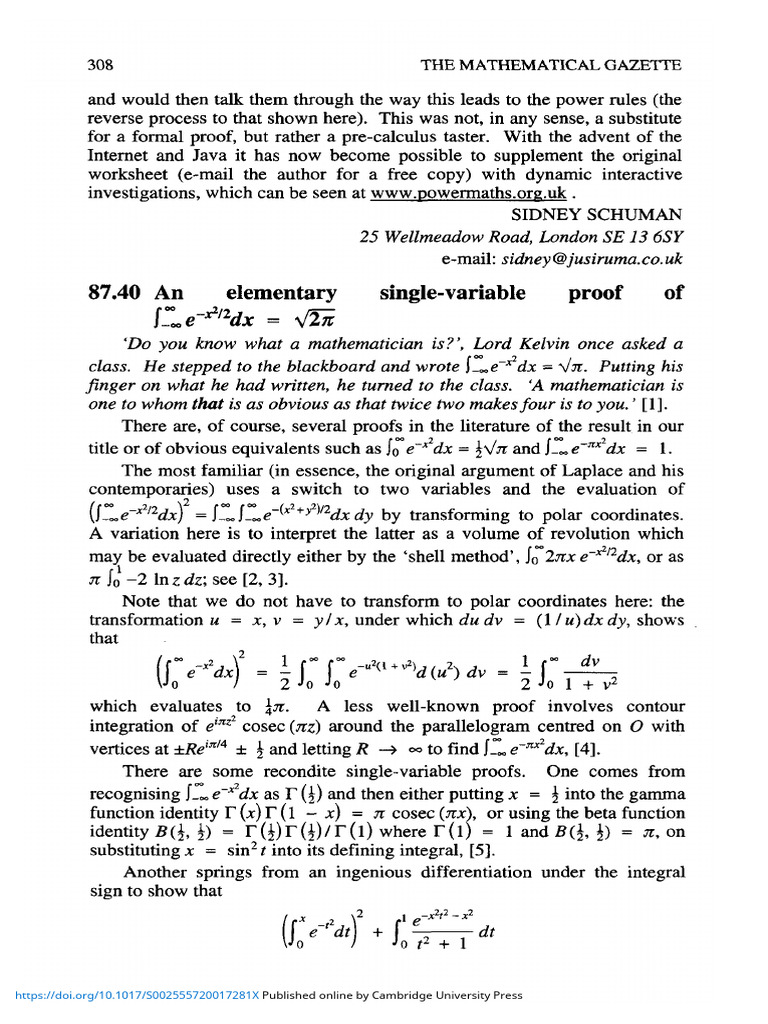 An Elementary Single Variable Proof o The Gaussian Integralf | PDF ...