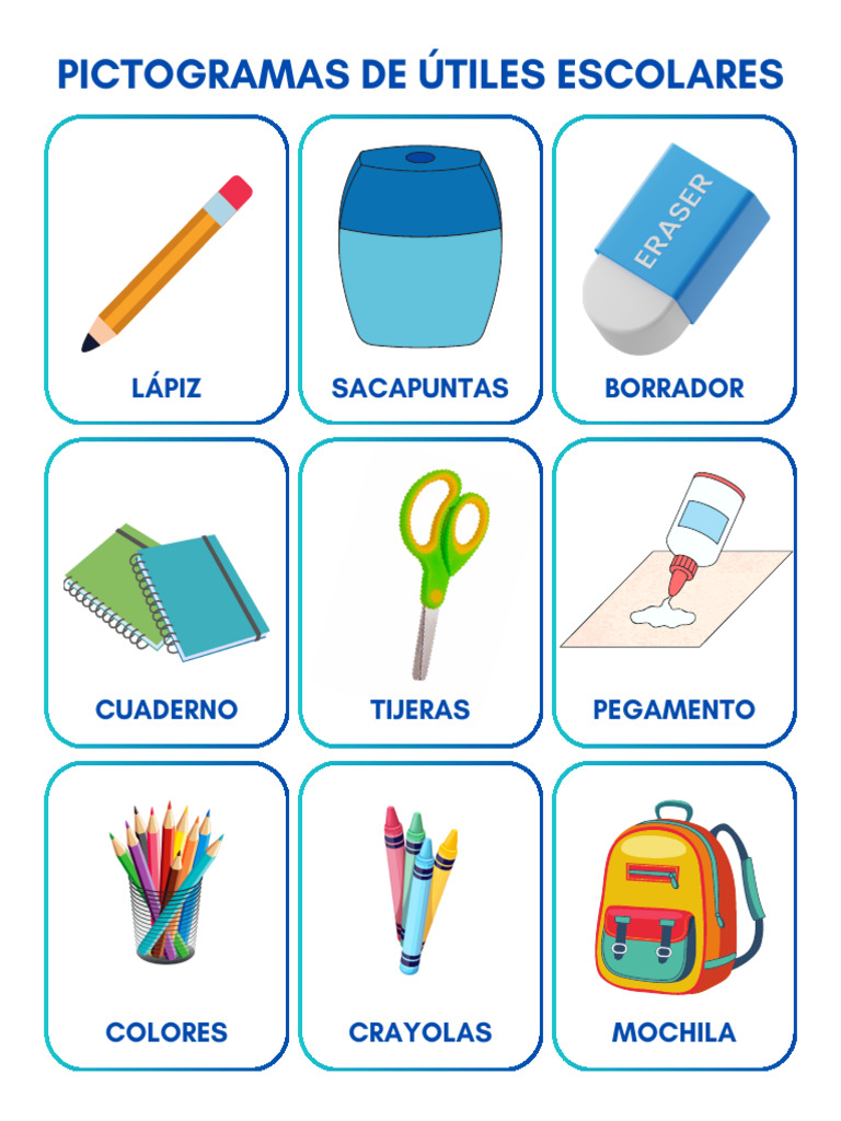 Tarjetas de Pictogramas de Útiles Escolares Sencillo | PDF