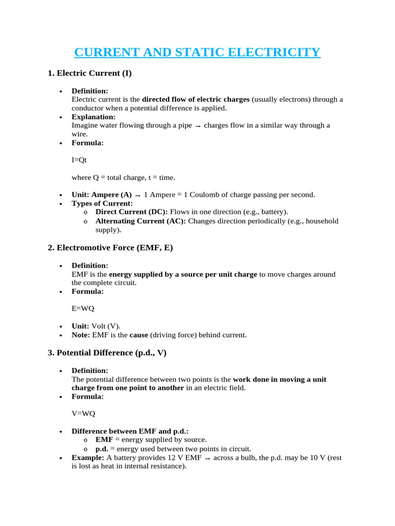 Current and Static Electricity | PDF | Electric Current | Voltage