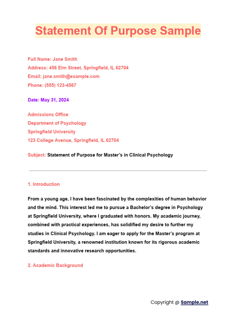 Purpose Statement for Clinical Psychology | PDF | Psychology | Clinical ...