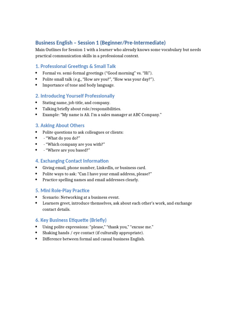 Business English Session1 Outlines | PDF
