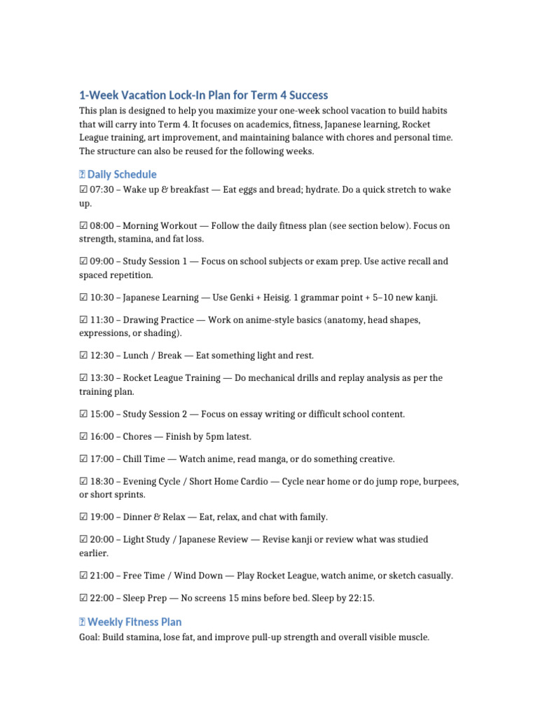 1 Week Vacation Lock in Plan | PDF | Physical Fitness | Physical Exercise