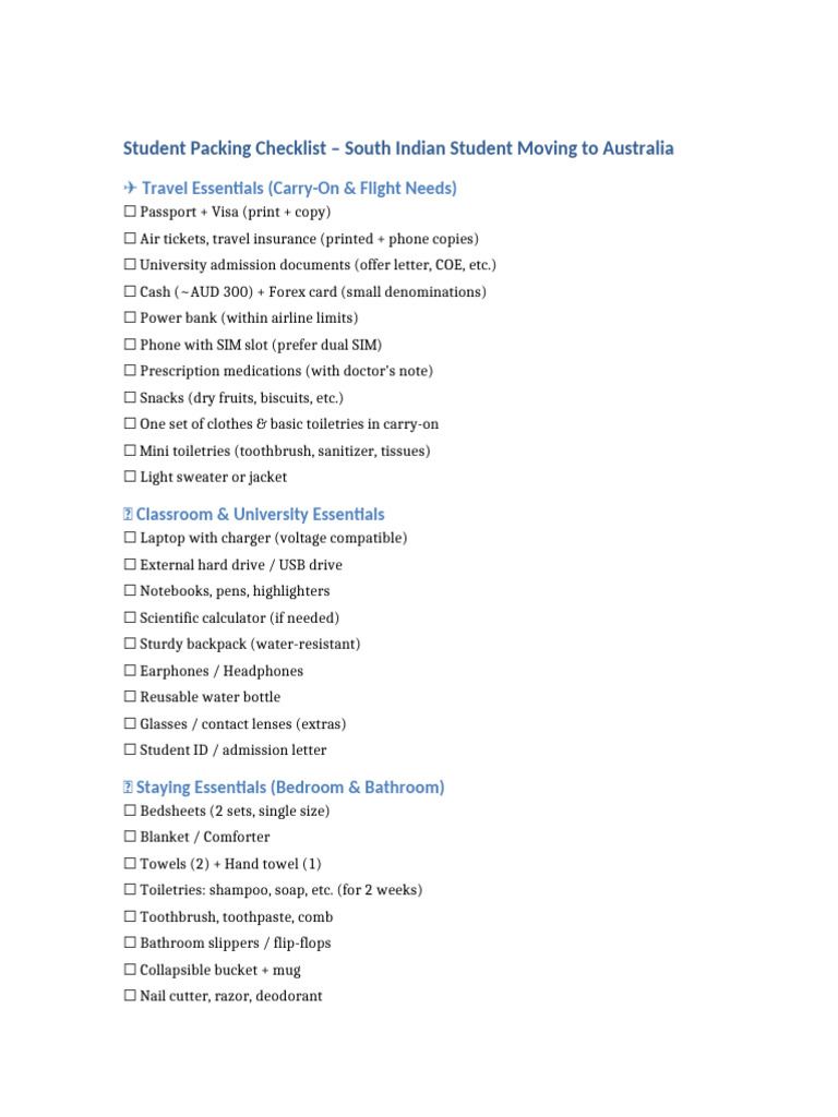 South Indian Student Packing List for Australia | PDF