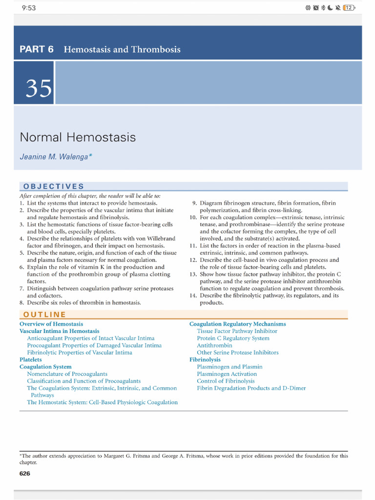Hema, Lec (Chapter 35 Normal Hemostasis - Hemostasis and Thrombosis) | PDF