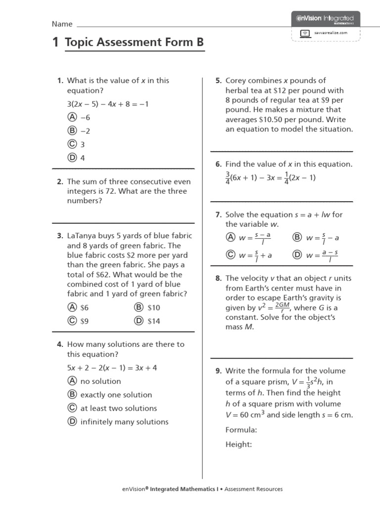 Algebra 1 Topic Assessment Form B | PDF | Inequality (Mathematics ...
