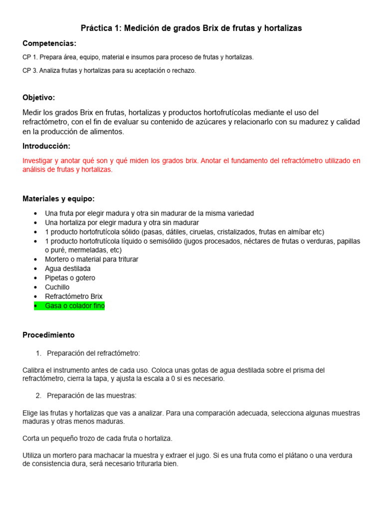 Medición de Grados Brix en Frutas y Hortalizas | PDF | Fruta
