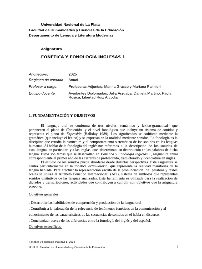 FONÉTICA INGLESA 1 Programa 2025 | PDF | Fonología | Palabra