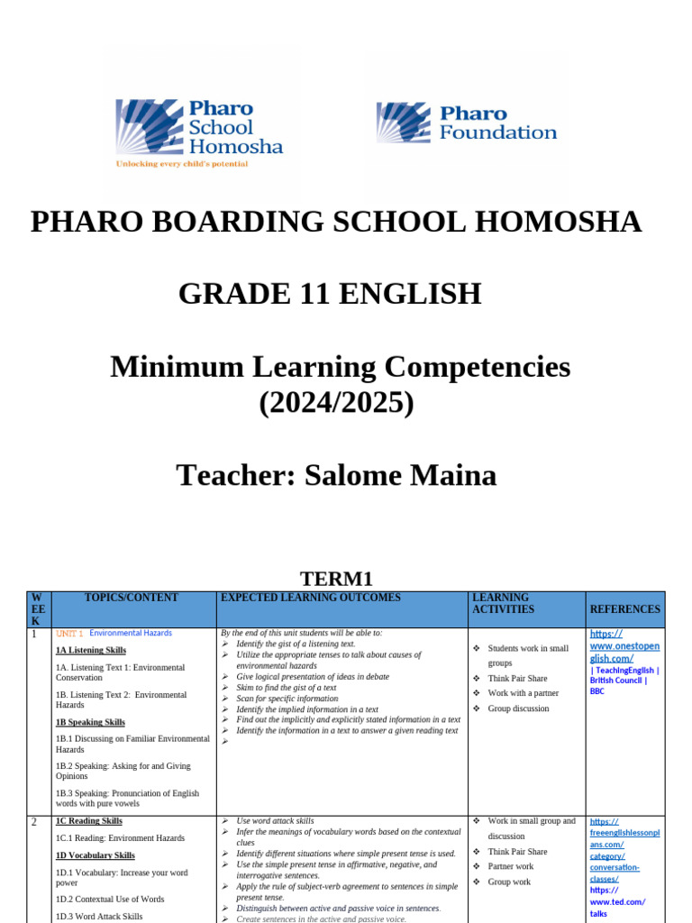 English Grade 11 MLC Annual Plan at Pharo School Homosha 24 25 New ...