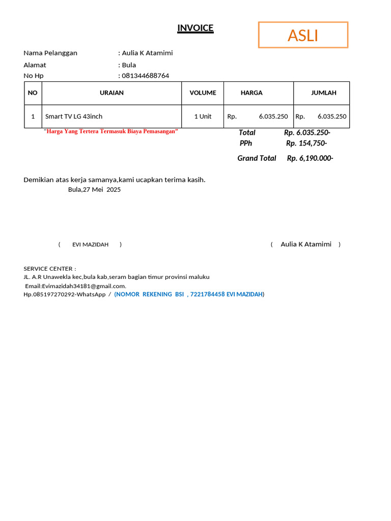 Invoice Pembelian Smart TV LG 43" | PDF
