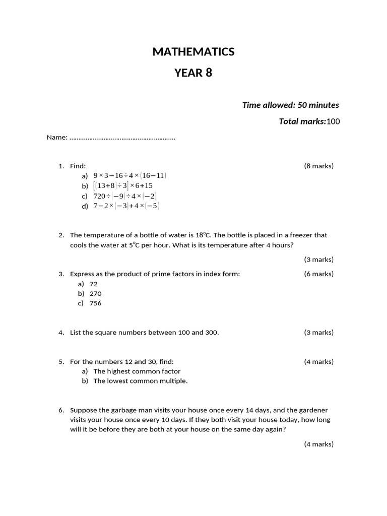 Year 8 Mathematics Test Questions | PDF | Weight | Force