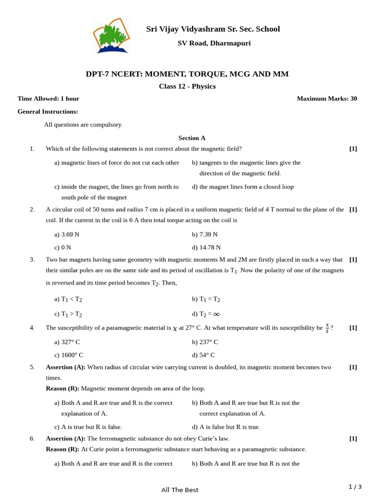 MM WS - Tomorrow Morning Test | PDF | Magnetism | Magnet