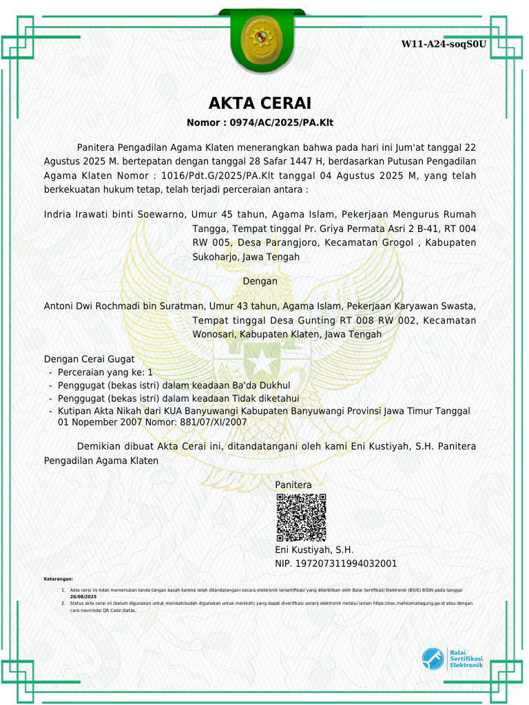 Akta Cerai: Nomor: 0974/AC/2025/PA - KLT | PDF