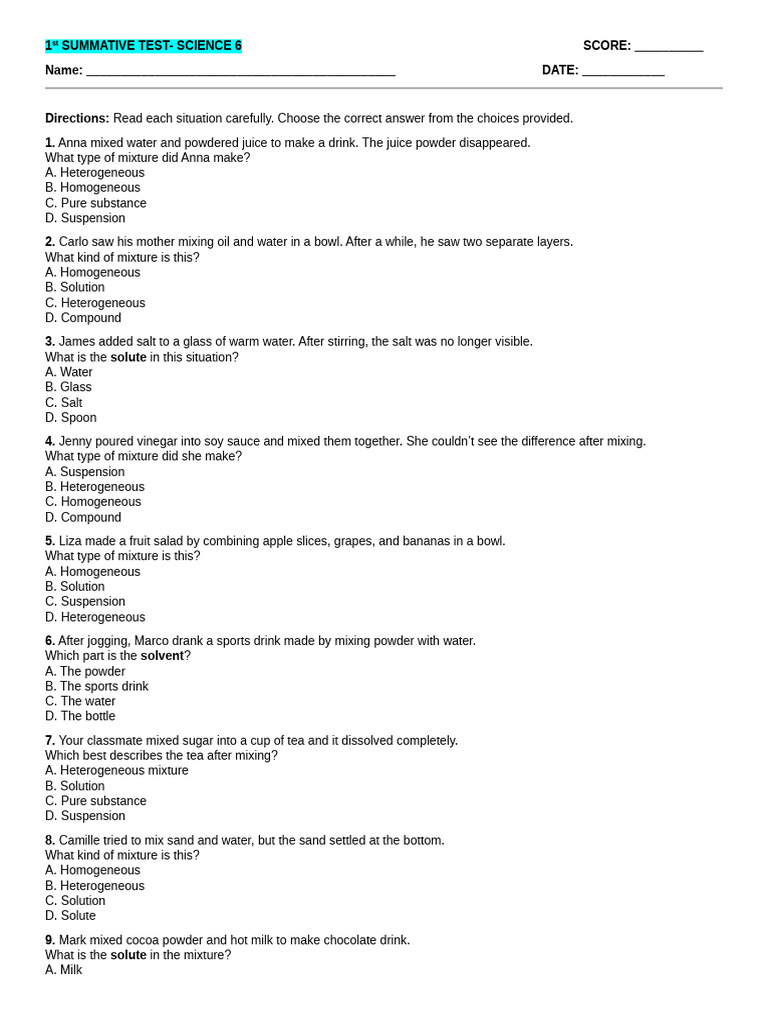 1st Summative Test-Science 6 | PDF | Mixture | Water