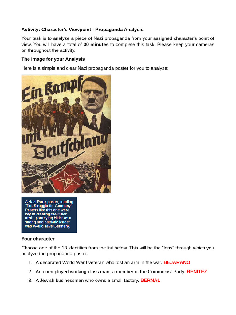Activity Character S Viewpoint Propaganda Analysis | PDF | Nazism ...