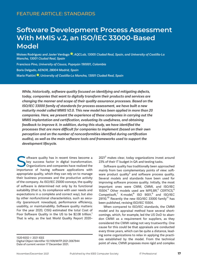 Software Development Process Assessment With MMIS v.2 an ISO IEC 33000-Based Model | PDF ...